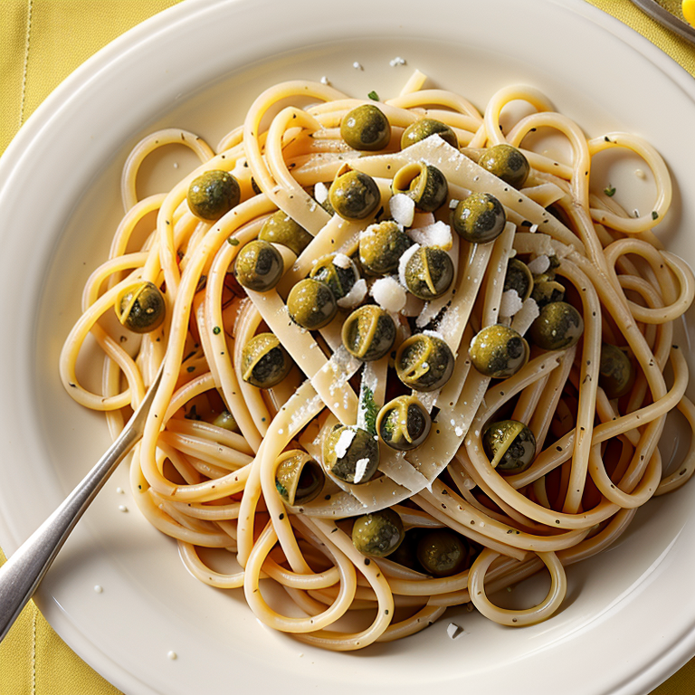 A Deliciously Plated Pasta Dish with Olive Toppings and Cheese Shavings.