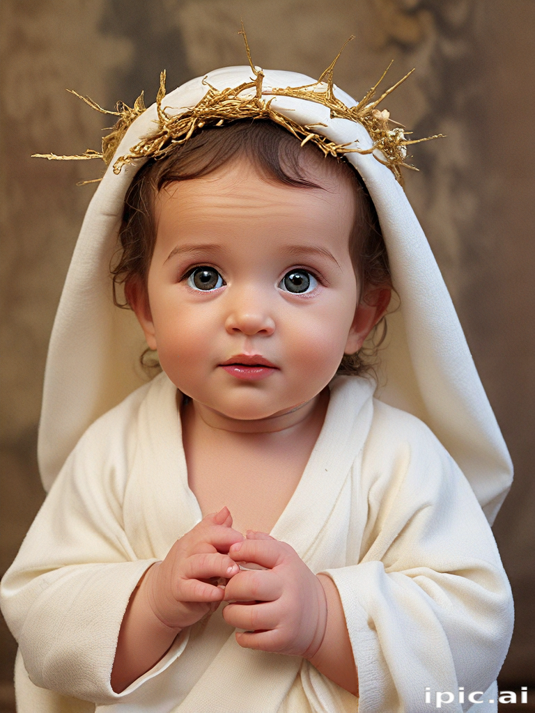 A Cherubic Child Dressed as a Religious Figure with a Golden Crown