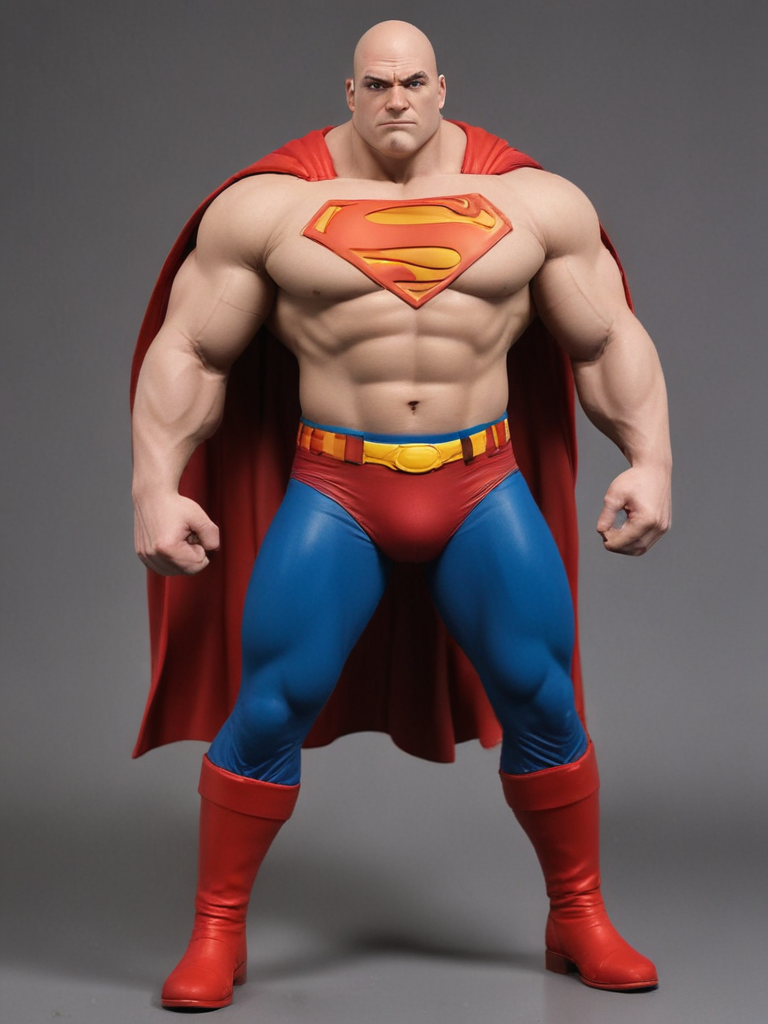 Realistic, chubby bald guy, realistic superman costume, red boots ...