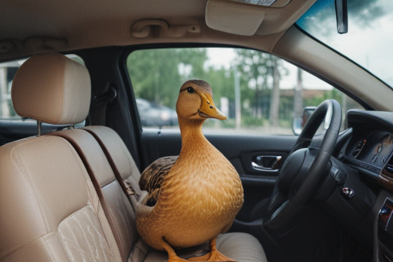 Duck driving inside the interior of a car