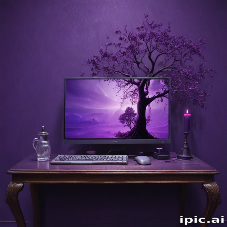 Purple-Themed Workspace Featuring a Computer, Tree, and Elegant Decor ...