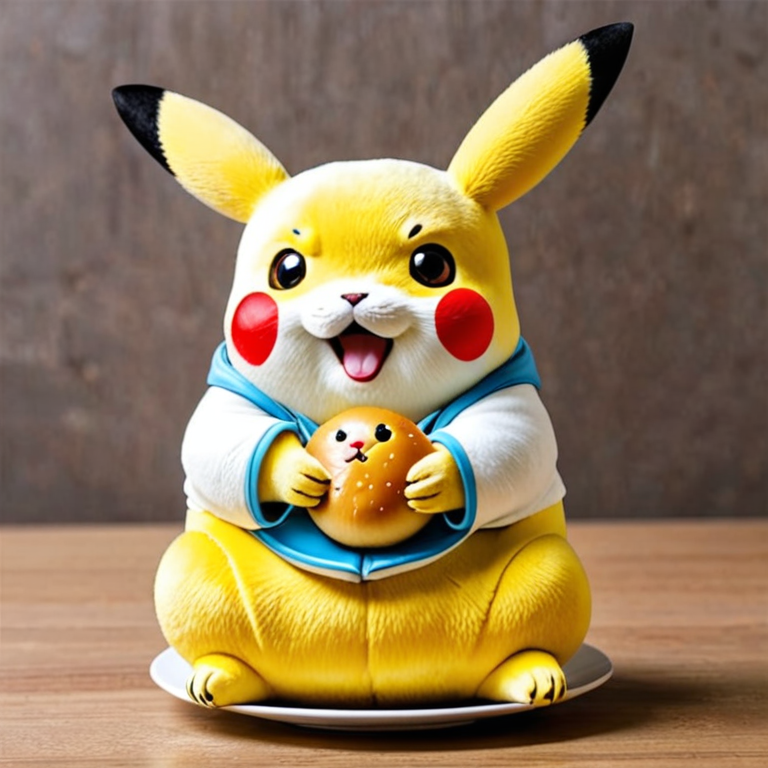 Fat Pikachu eating a chinese bao