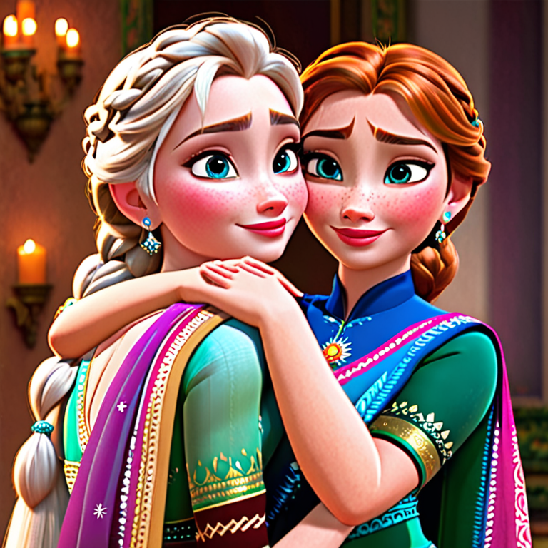 Elsa and Anna together hugs in saree indian 3D Disney