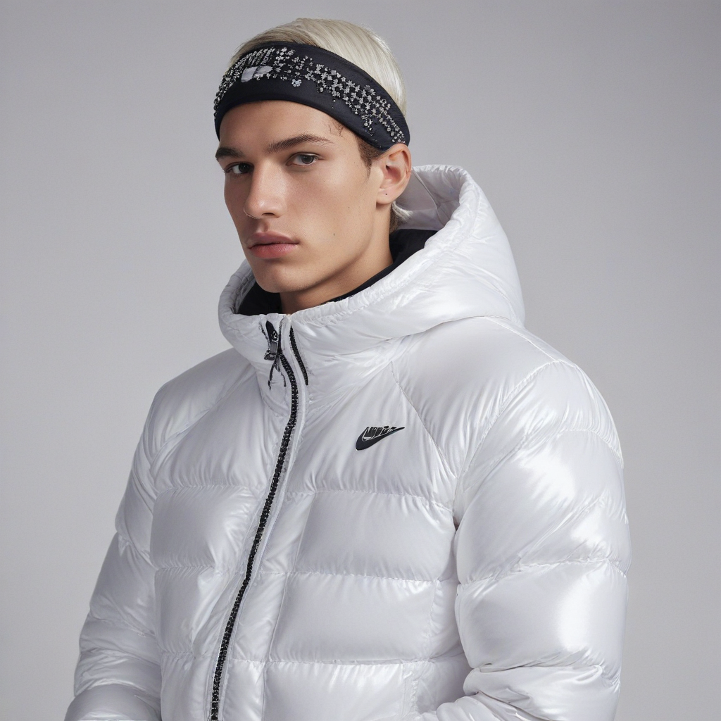 Male supermodel nike shiny puffer jacket bling jewellery hood headband
