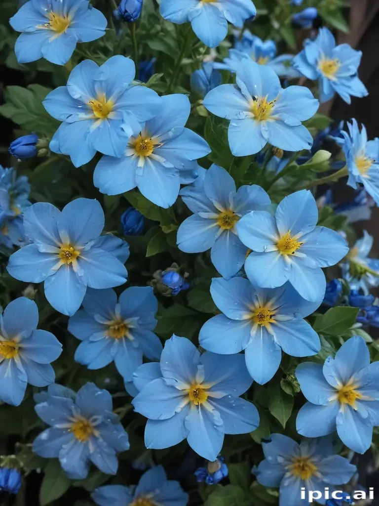 Vibrant Blue Flowers in Full Bloom with Raindrops on Petals
