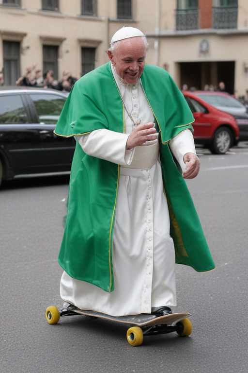 the pope in green vestments riding a skateboard having fun