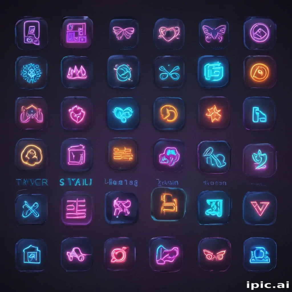 Colorful Neon Icons Representing Various Themes and Activities in a Grid