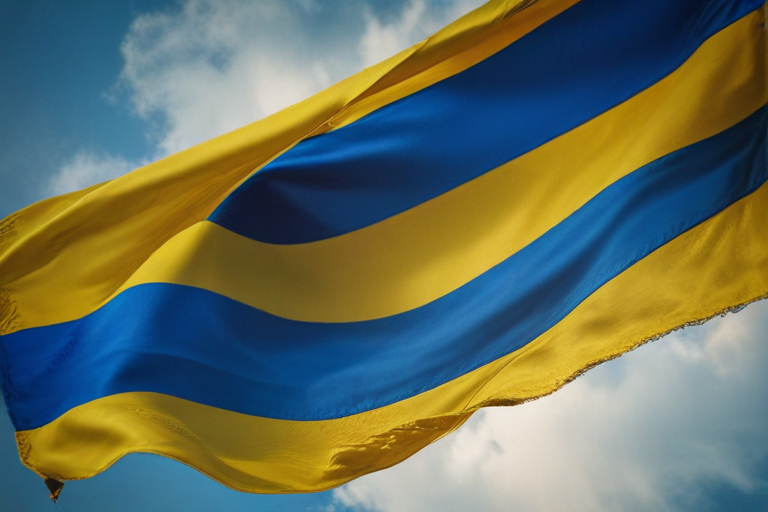 Vibrant Flag with Blue and Yellow Stripes Against a Clear Sky
