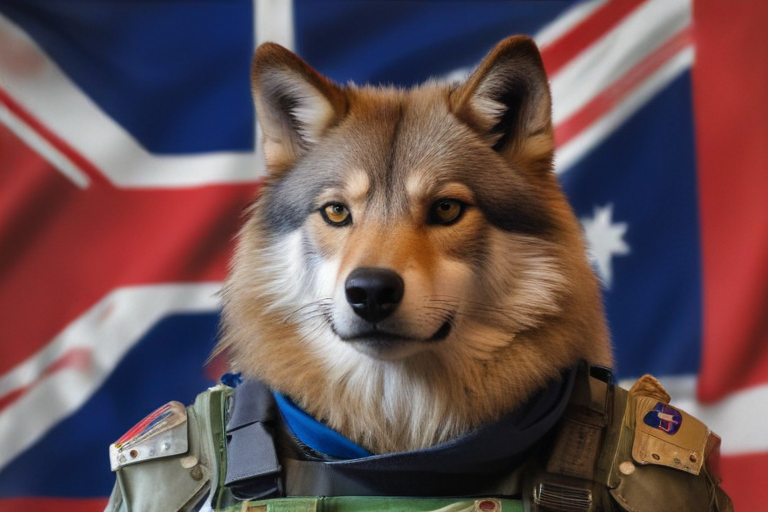 Wolf space warrior in front of New Zealand flag.