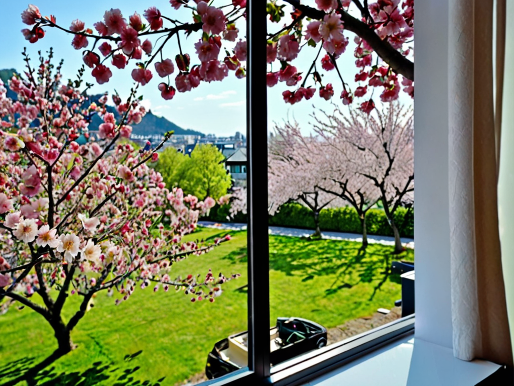 the view from a webcam in a private office with flowering cherry trees ...