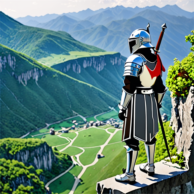 Anime knight standing on a ledge, looking out over a mountain range ...