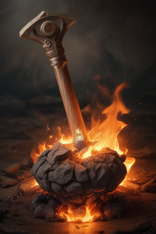 A Legendary Hammer Emerges from Fiery Forge Surrounded by Glowing Embers.