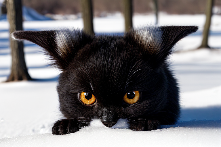 fluffy cute eyes fat monster with teeth horns in the snow