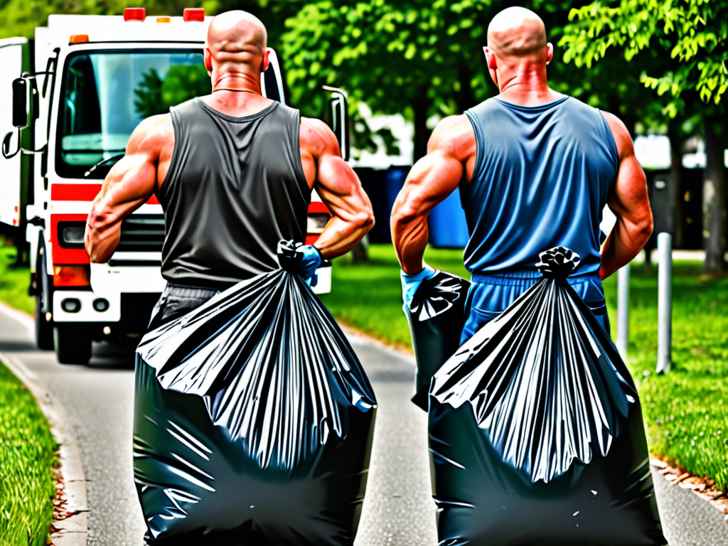 realistic handsome muscular bald garbagemen from behind carrying black ...