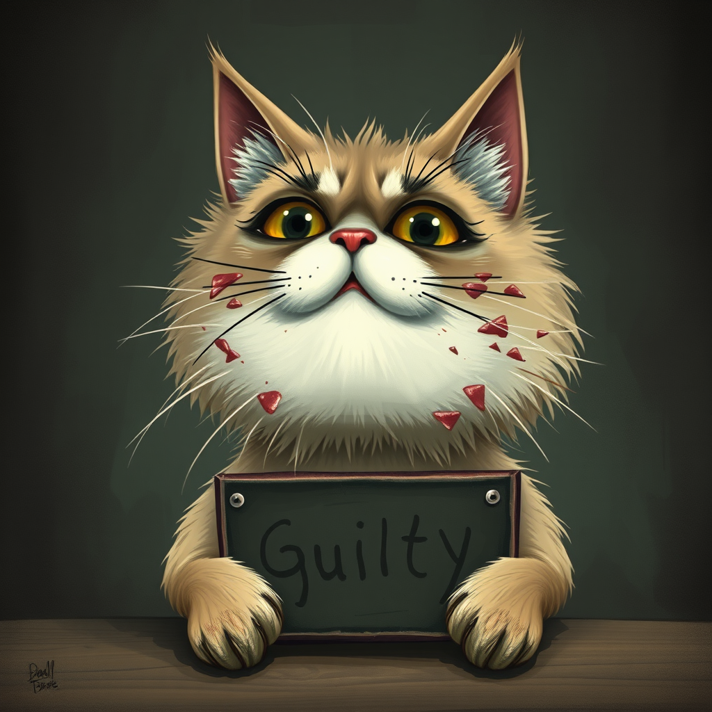 A Playful Cat Holding a Sign Confessing Its Mischievous Guilty Behavior.