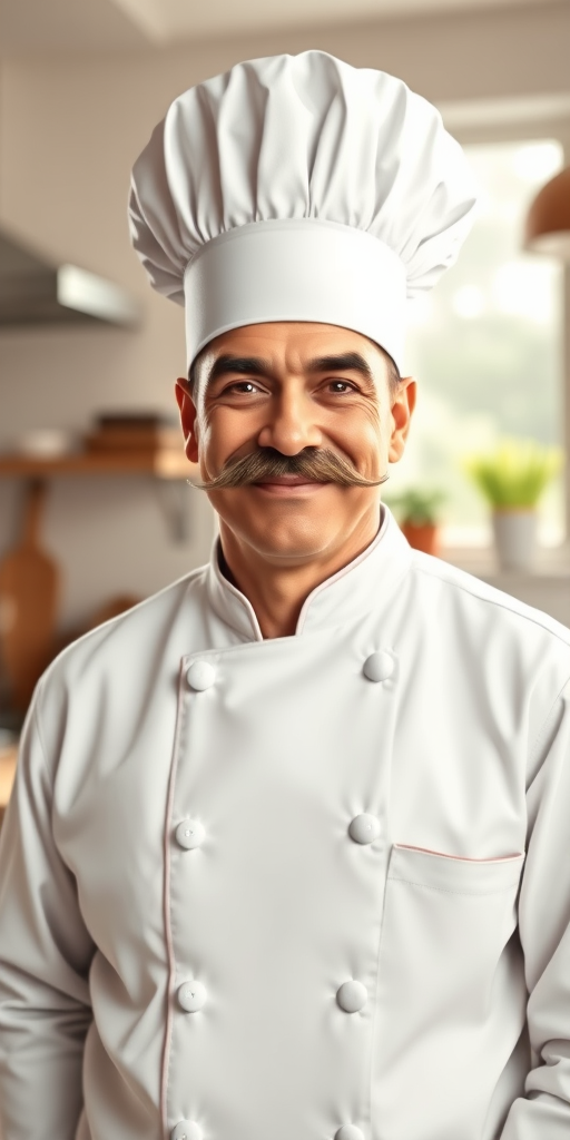 A Joyful Chef in a White Uniform Smiling in a Bright Kitchen.