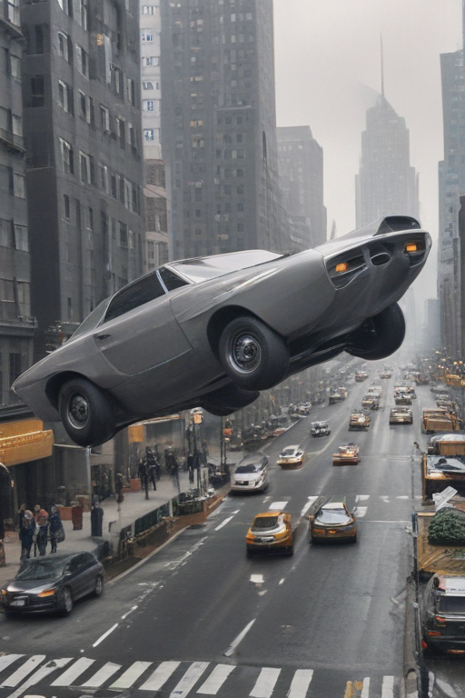Make a flying car flying over new york city. The flying car has wings ...