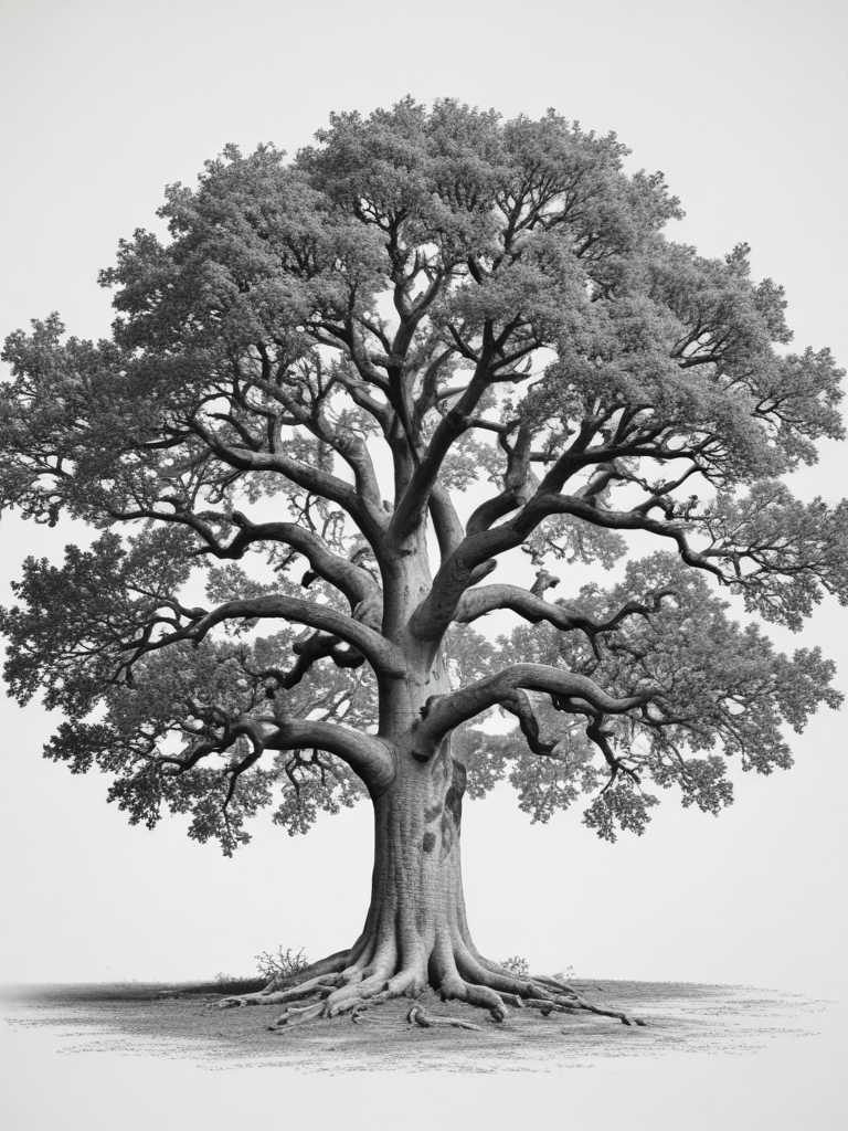 A Majestic Black and White Tree Standing Tall Against a Plain Background