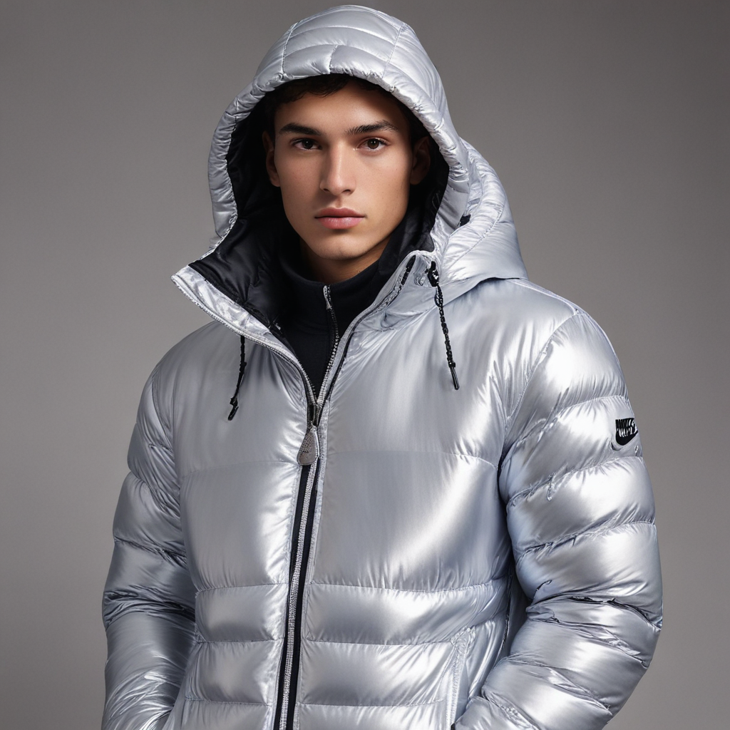 Male supermodel nike shiny puffer jacket bling jewellery hood