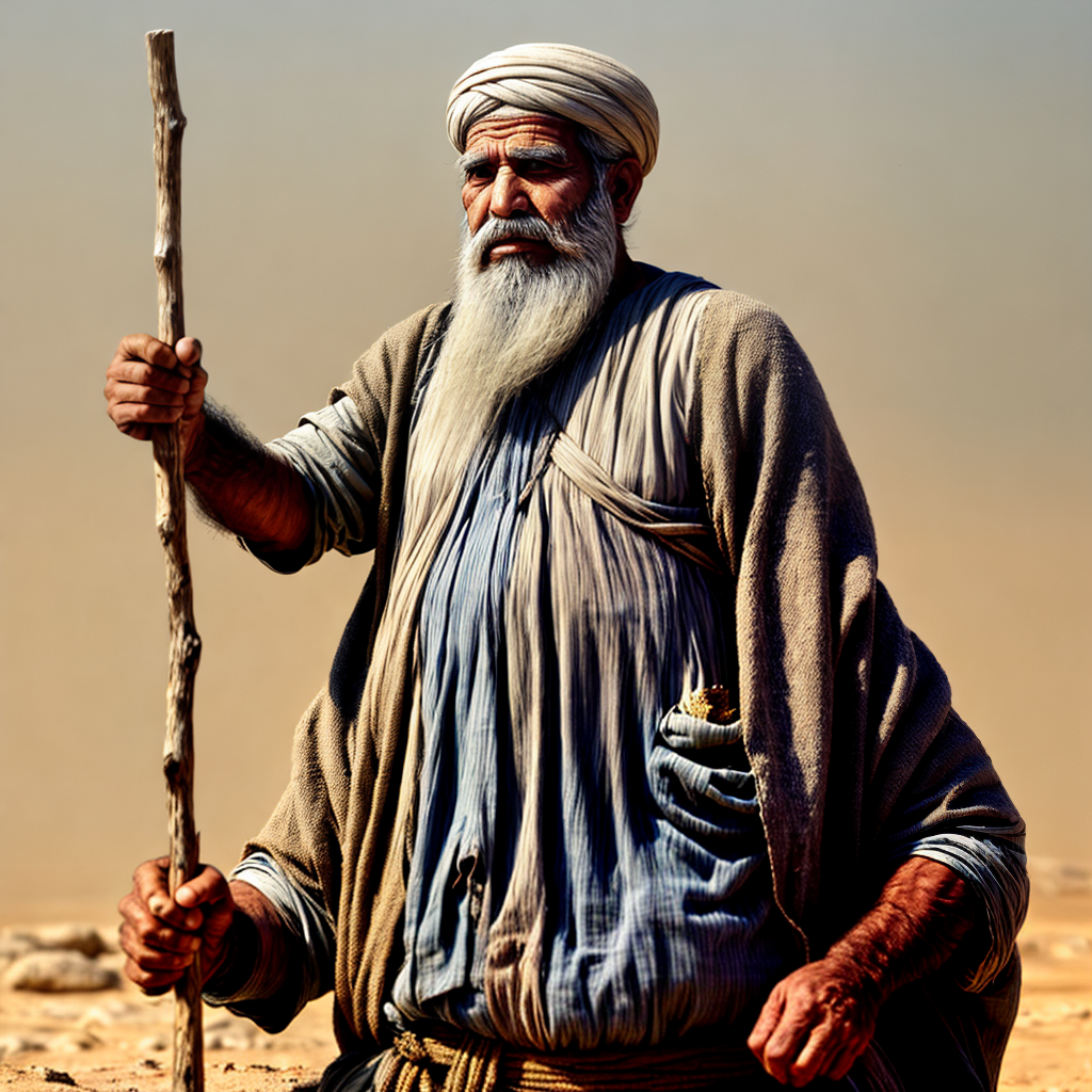 An ancient Arab man with a white beard and holding a stick in his hand