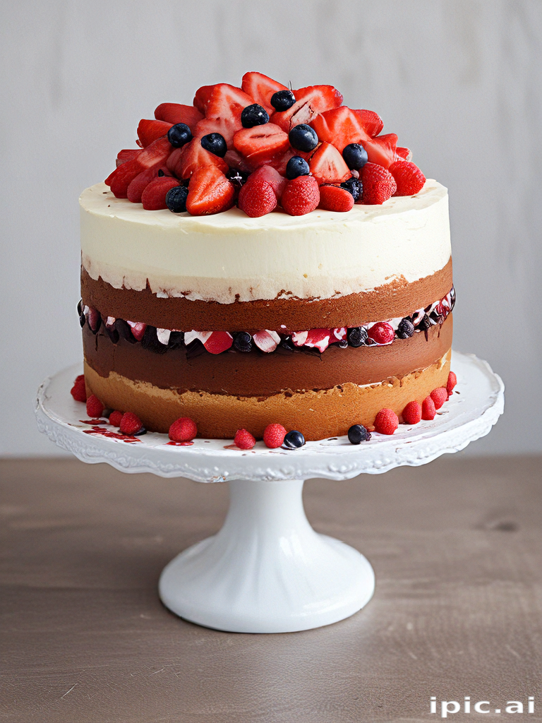 Deliciously Layered Cake Topped with Fresh Berries and Whipped Cream.