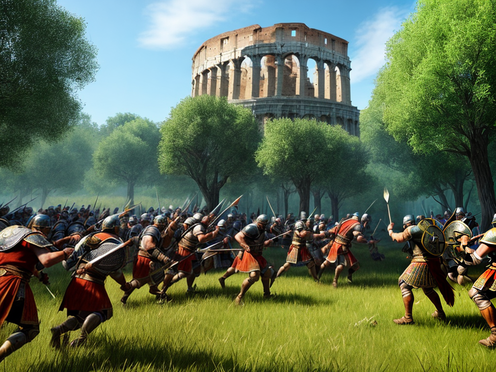 The Roman army of ancient Rome fighting the ancient Gauls in a clearing ...
