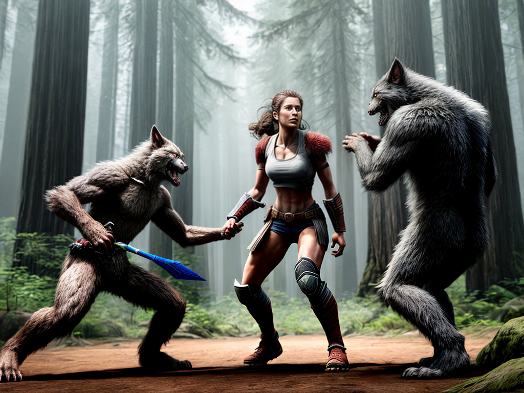 A female warrior fighting a werewolf in a redwood forest