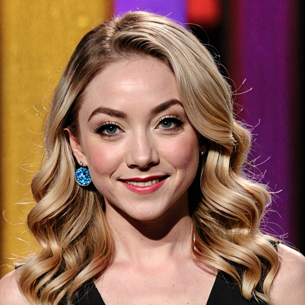 emily kinney with wavy curled hair, as a game show host, wide-angle photo