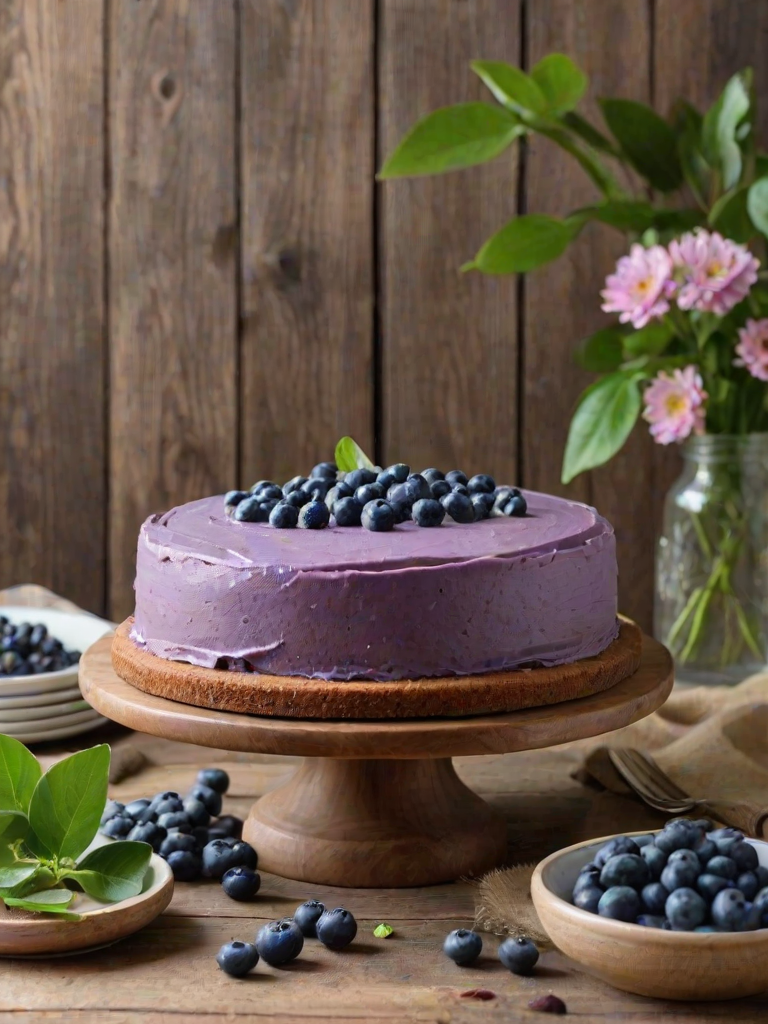 Delicious Blueberry Cake Decorated with Fresh Berries and Elegant Flowers