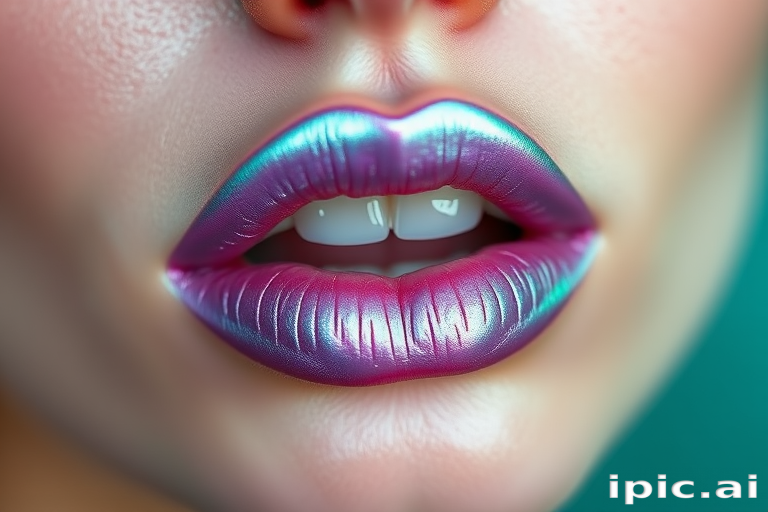 Vibrant and Glossy Lips Showcasing a Stunning Multicolored Metallic Shine.