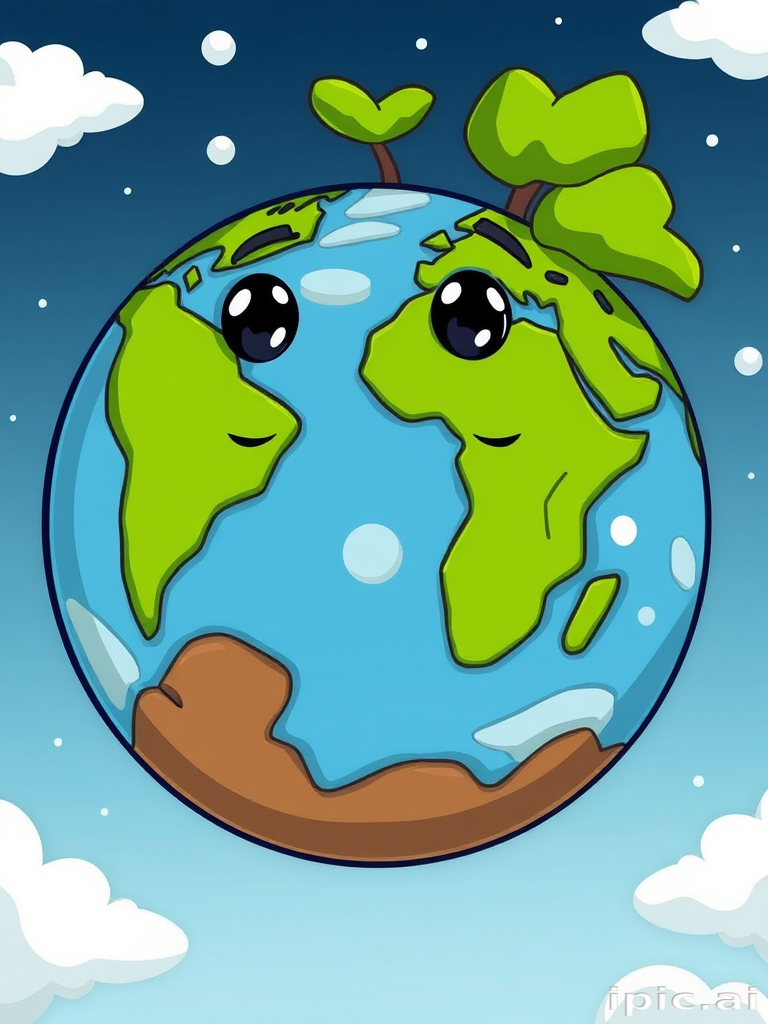 Cheerful Cartoon Earth with Happy Face and Green Plant Growth