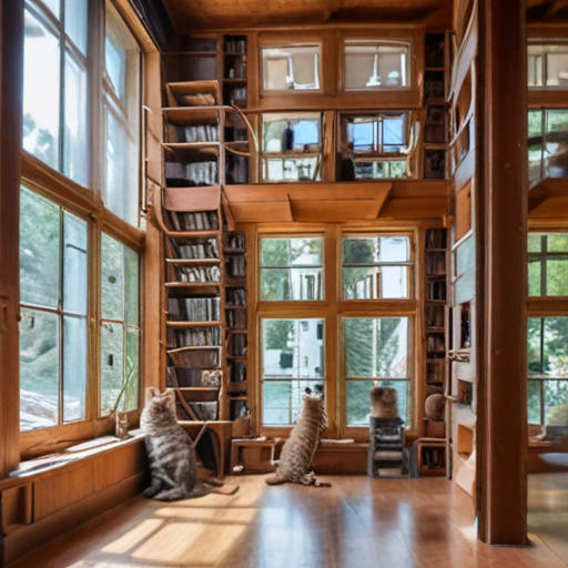 Many cats in a giant library. The library is multiple stories, has many ...