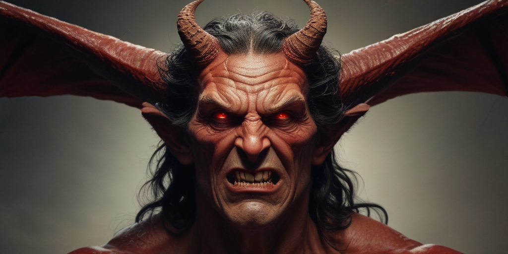 Intense Portrait of a Mythical Demon with Fiery Red Eyes and Horns