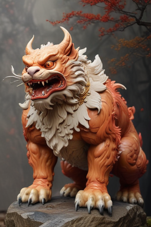 Chinese foo dog clashing with a Japanese tengu