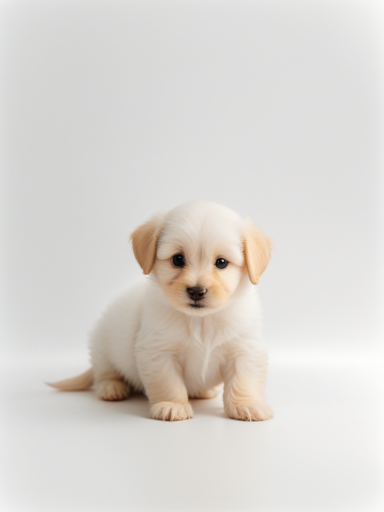 Adorable White Puppy with Fluffy Fur Sitting Against a Plain Background