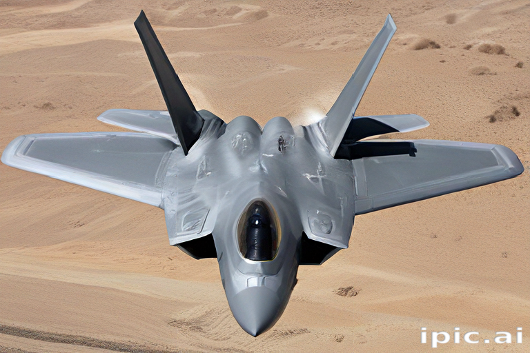 Futuristic Military Fighter Jet Flying Over Desert Landscape in Clear Sky