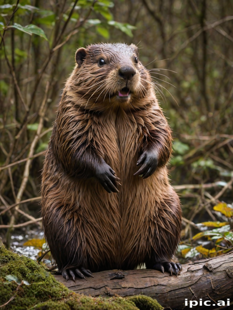 A Curious Beaver Standing on a Log in a Lush Forest Setting.