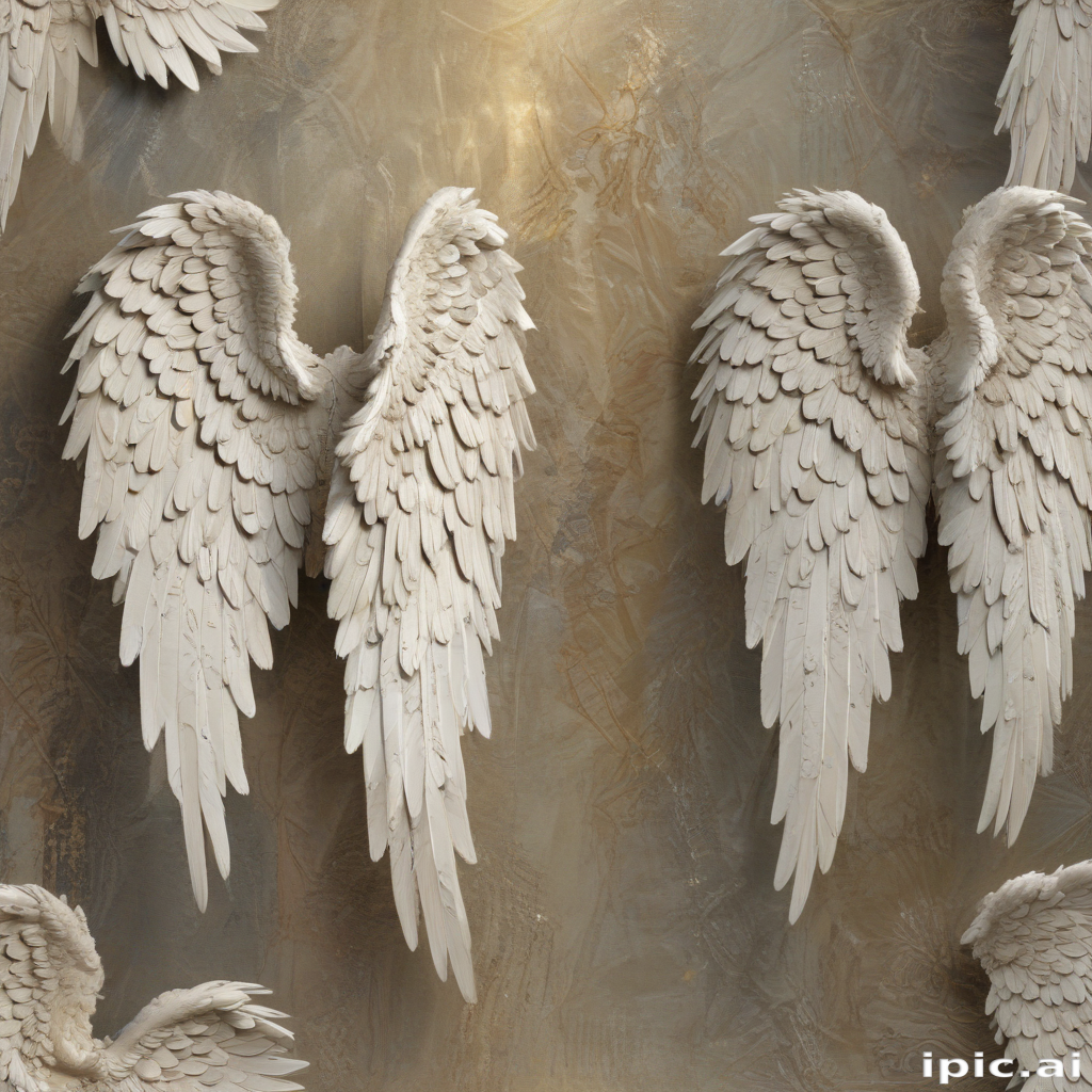 Intricate White Angel Wings Decorated with Detailed Feathers and Textures