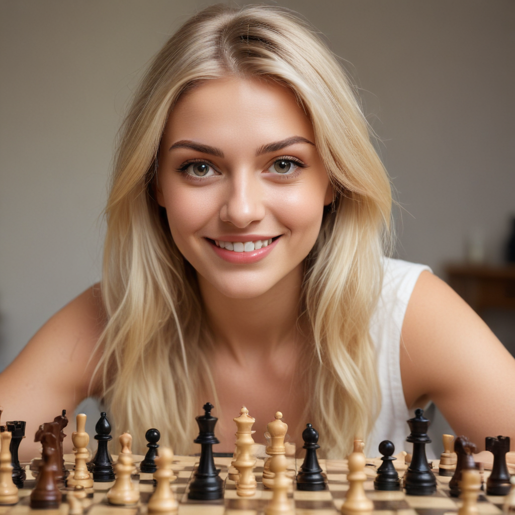 blonde woman playing chess, looking directly at the spectator, smiling