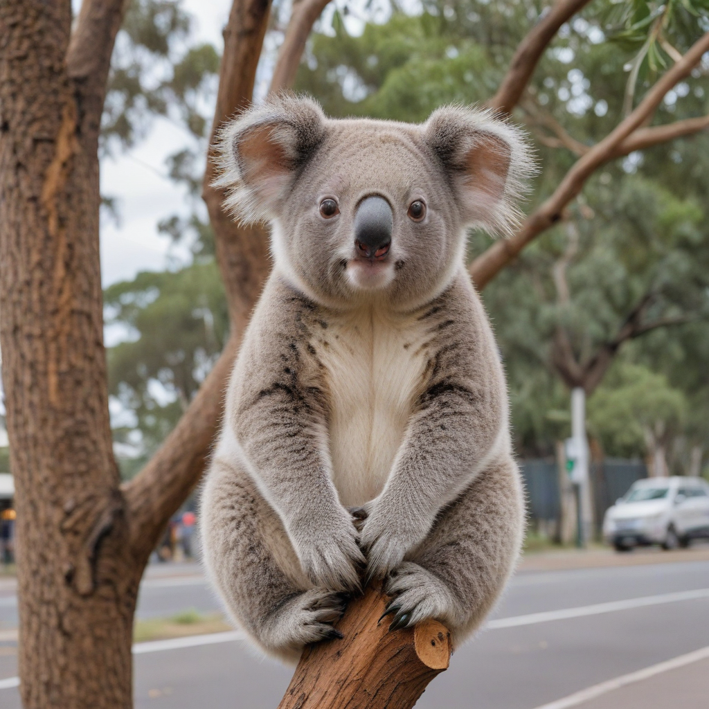 a koala in a tree in the background on the side of a busy road