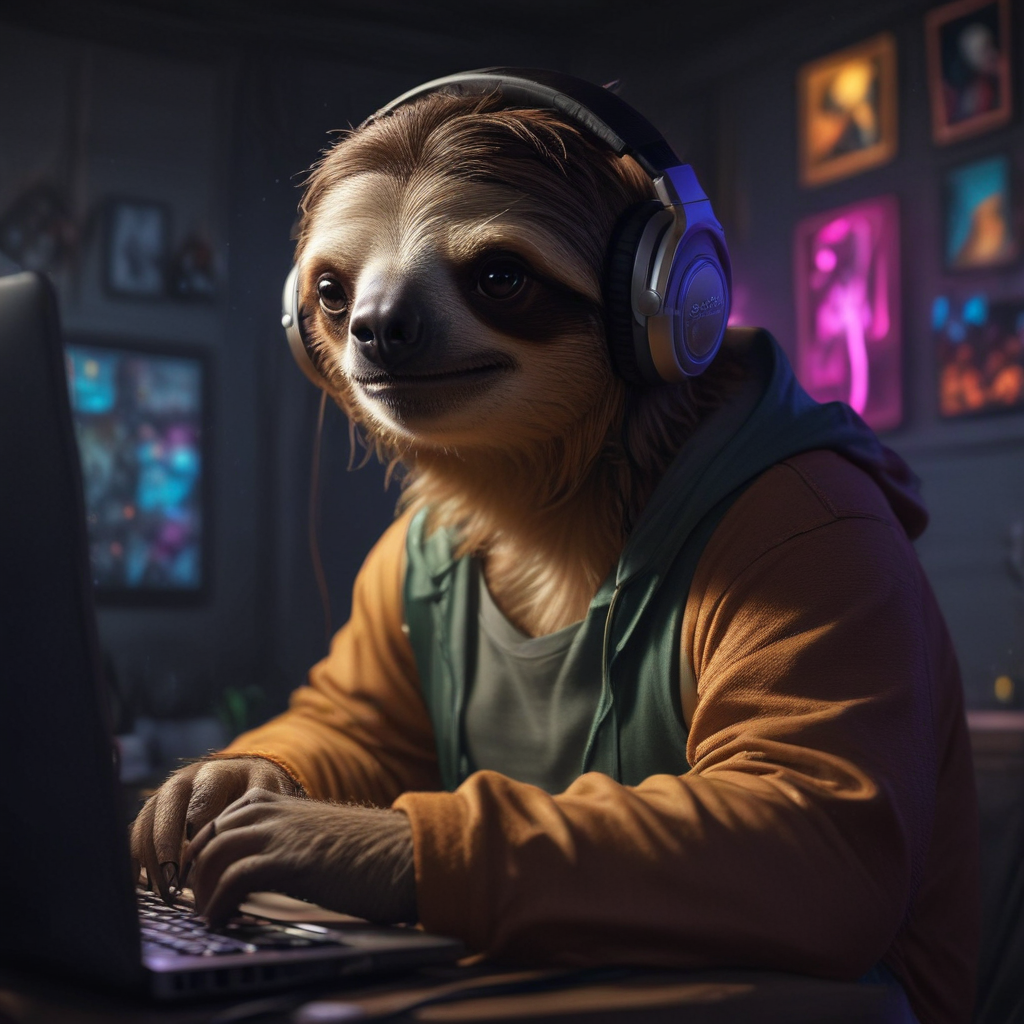 Comic Style Sloth with headphones on, looking at a gaming laptop, in a ...