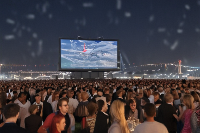 outside party with a large screen and a delta plane on the ground in ...