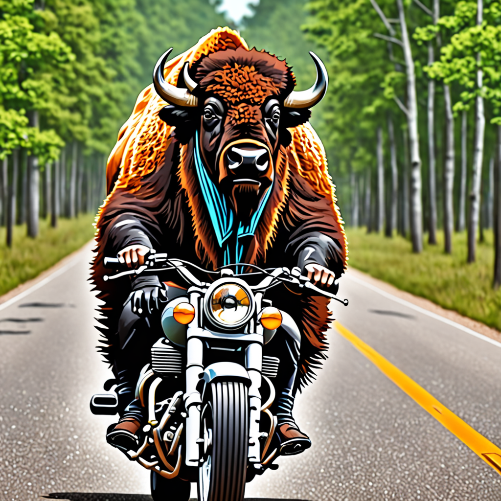 cartoon bison riding away on a motorcycle