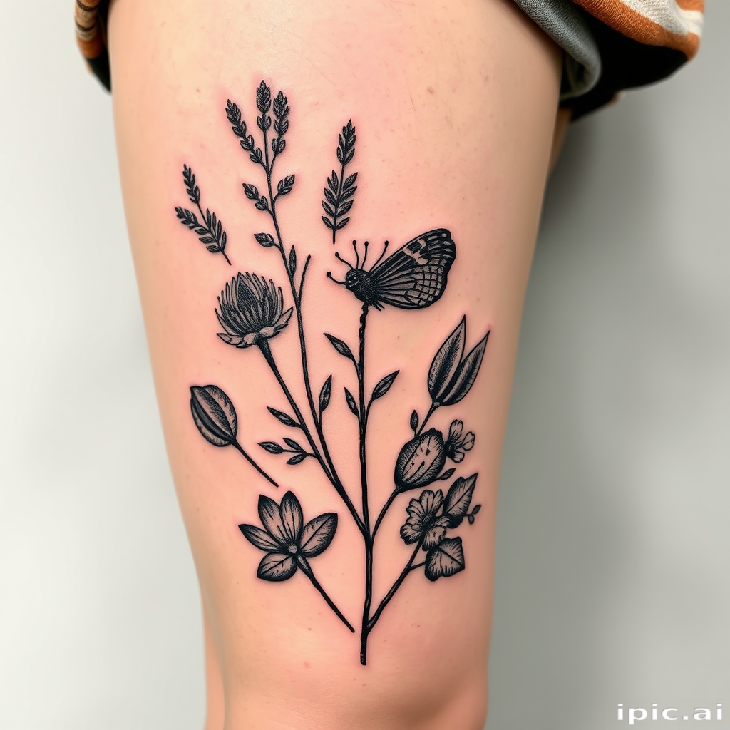 Elegant Floral Tattoo Design Featuring a Butterfly on Skin Art