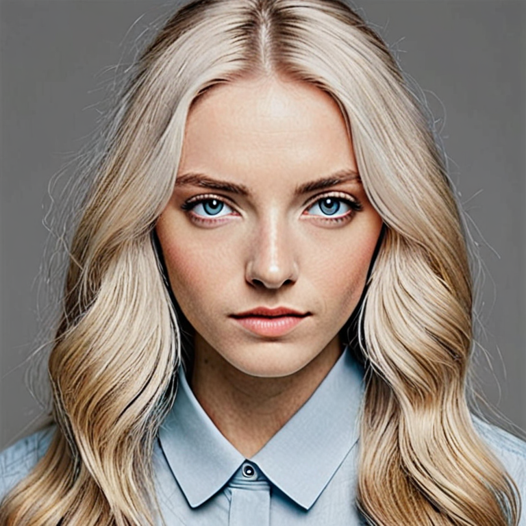 Very white long hair. Very light white eyes. Greek nose.