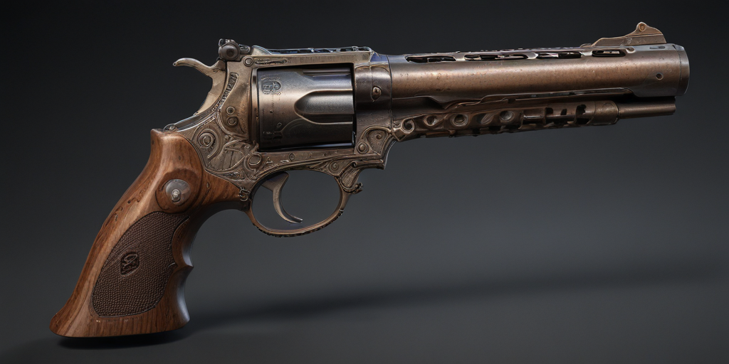 Intricately Designed Steampunk Revolver with Elegant Wooden Grip and ...