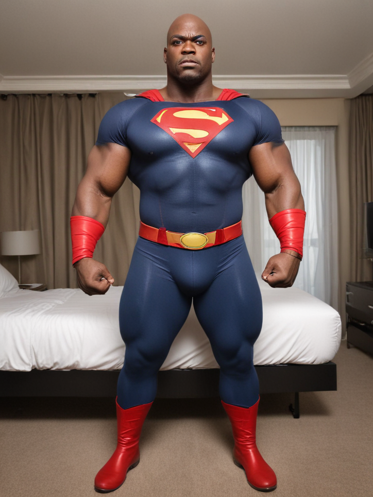 Hotel room, huge black muscular overweight strongman, bald, black man ...