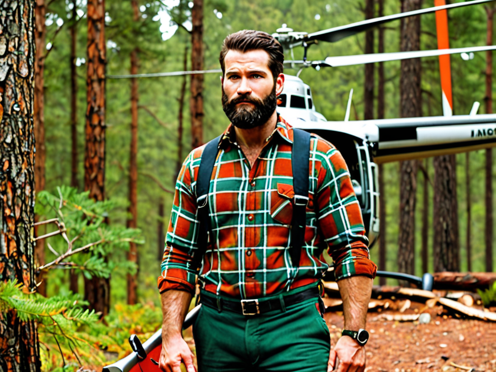 Brunette lumberjack with a flannel, suspenders, an axe, a beard. Color ...