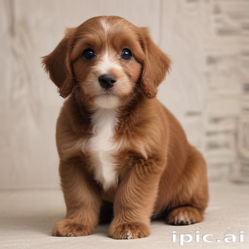 Adorable Fluffy Puppy with Honey-Colored Fur Sitting Against a Neutral ...
