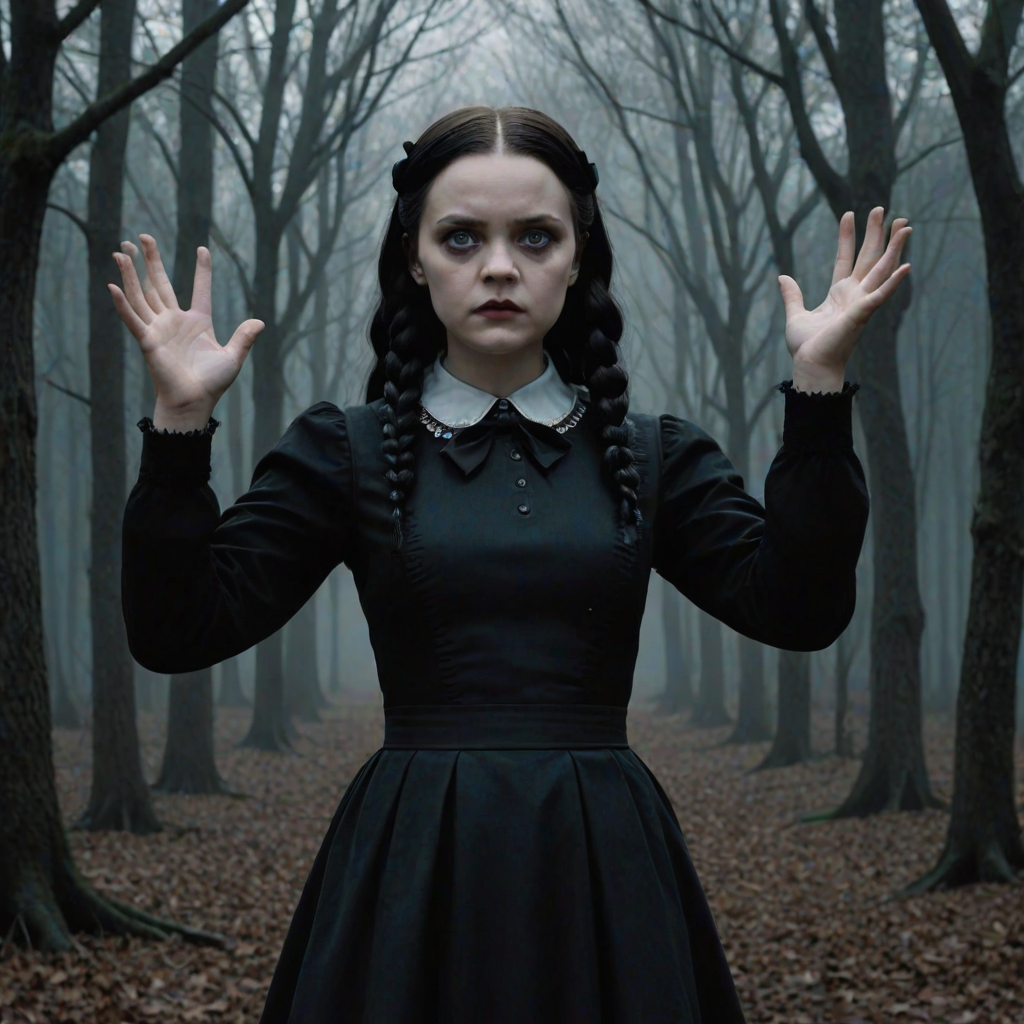 Wednesday Addams Standing in a Misty Forest with Outstretched Arms